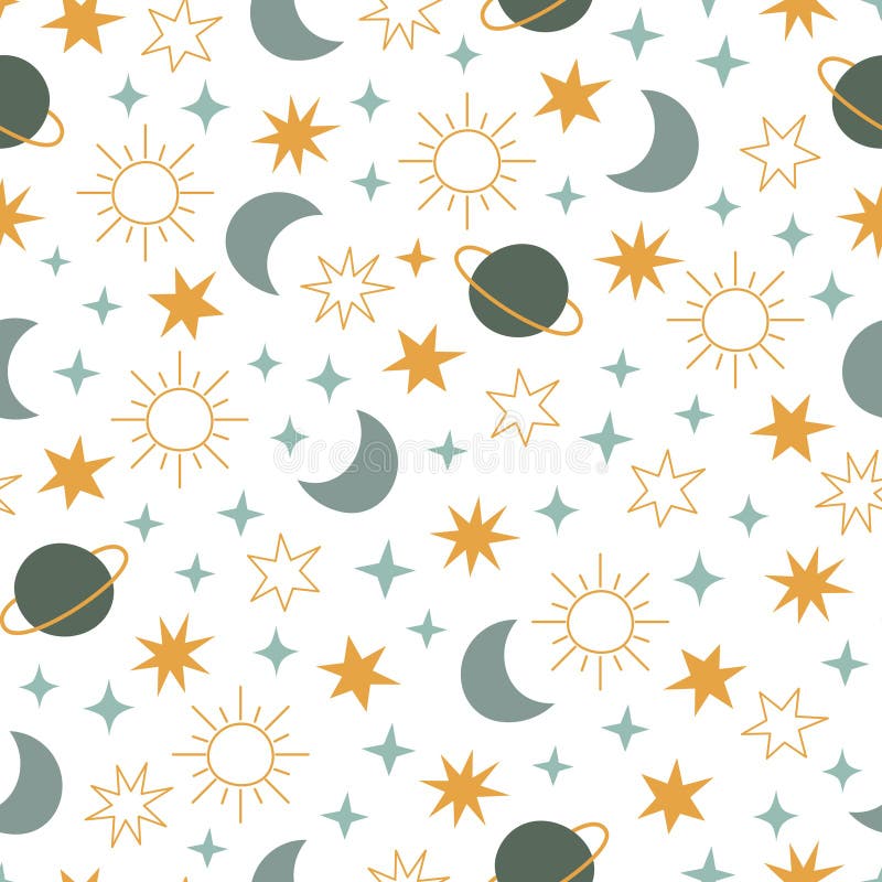 Boho Celestial Seamless Pattern with Stars, Planet, Moon and Sun ...