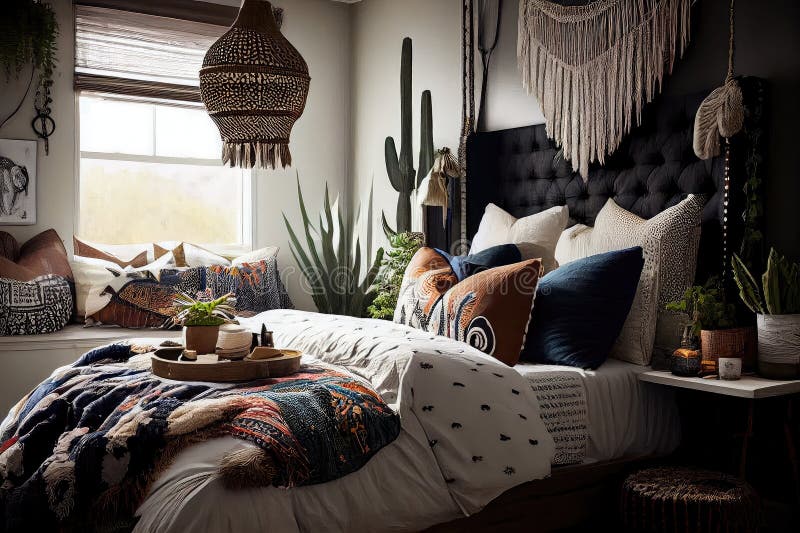 Boho-chic Bedroom with Eclectic Mix of Patterns and Textures Stock ...