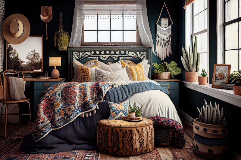 Boho-chic Bedroom with Eclectic Mix of Patterns and Textures Stock ...