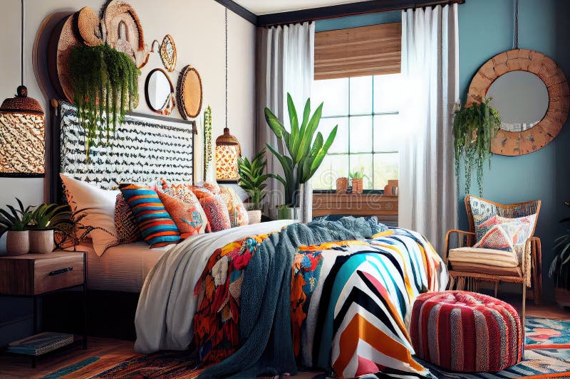 Boho-chic Bedroom with Eclectic Mix of Patterns and Textures Stock ...