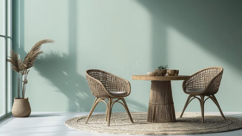 Boho Chic Dining Area Rattan Chairs, Round Table, and Green Wall ...