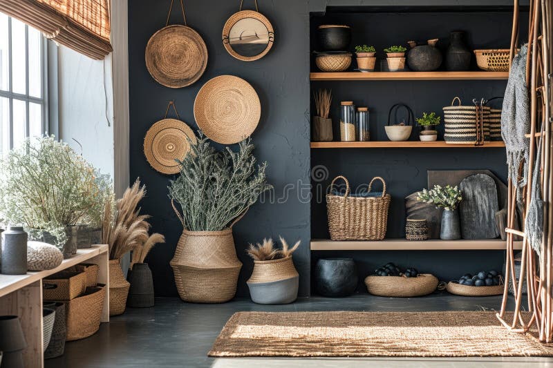 Boho-chic Home Decor with Wicker Baskets and Rustic Shelf Stock ...