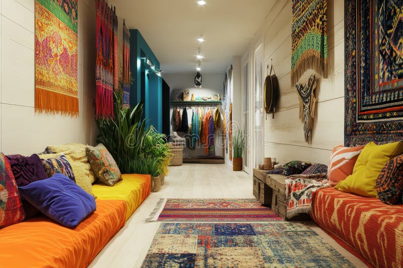 Boho Chic Interior of Hall, Patterns Bright Colors, Textile Elements ...