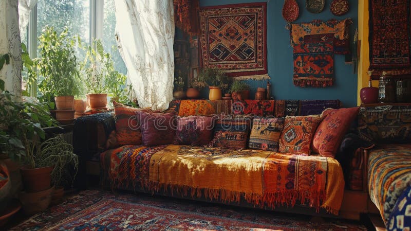 Boho Chic Interior of Hall, Patterns Bright Colors, Textile Elements ...