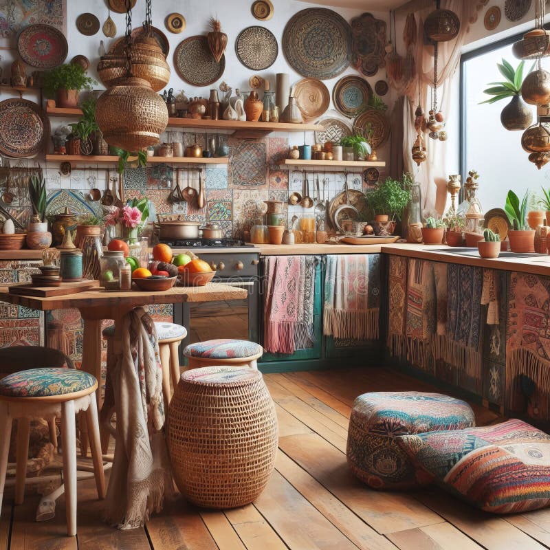 Boho Chic Kitchen a Mix of Patterns, T New Beautiful Stock Image ...