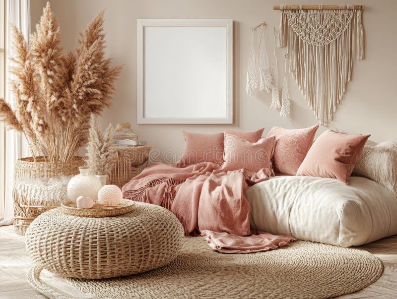 In the Boho Chic Living Room, a White Sofa Sits Beneath a Large ...