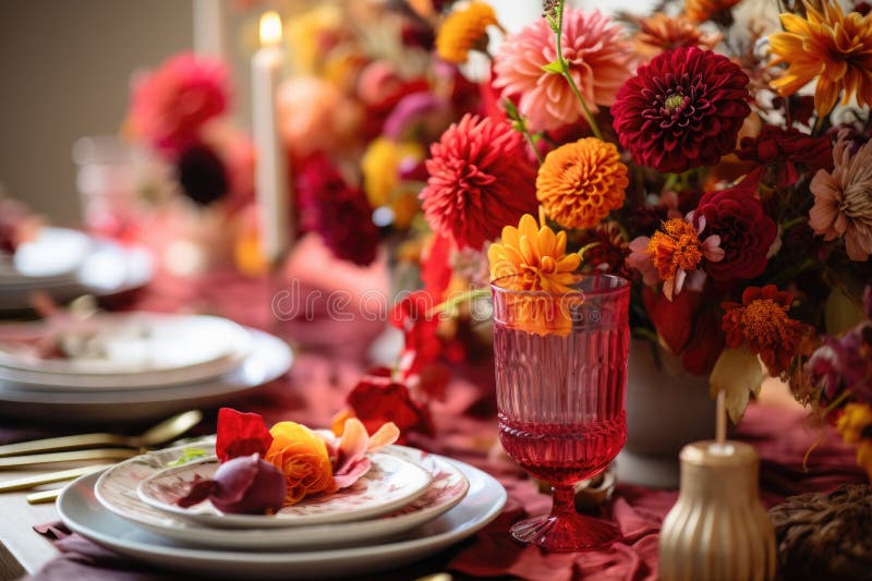 Boho Chic Table Setting. Decoration Table Covered with a Tablecloth ...