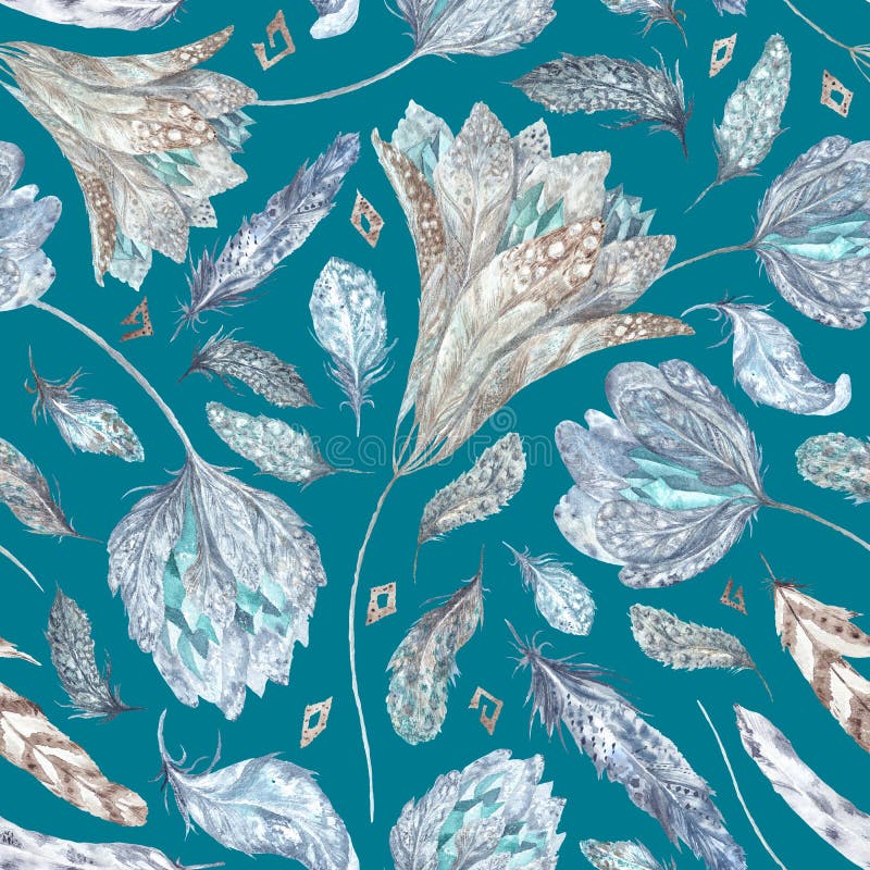 Boho Chic Watercolor Pattern on Turquoise Background Stock Image ...