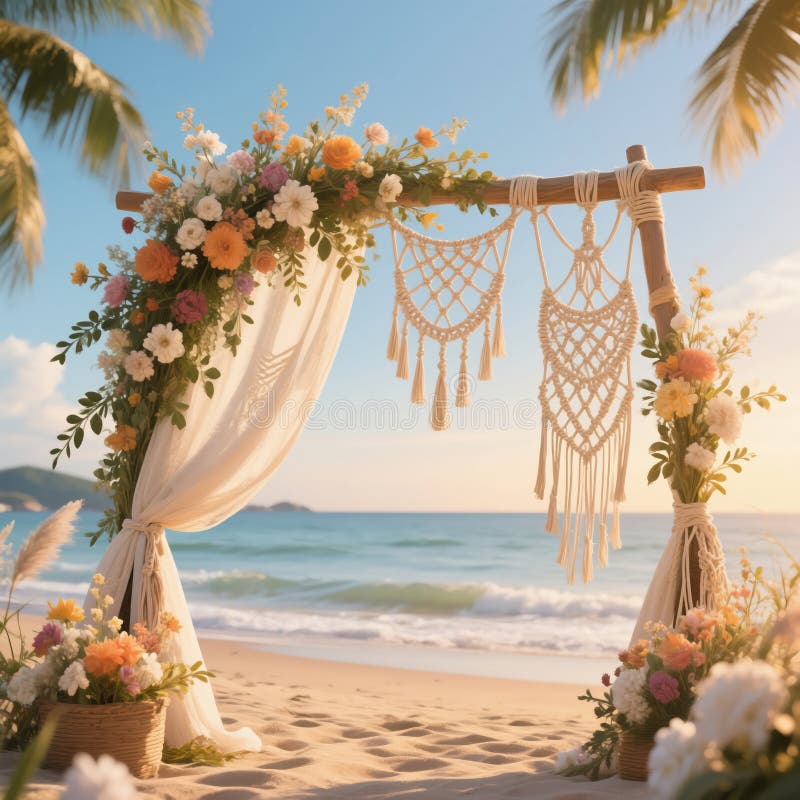 Boho-chic Wedding Arch Decorated with Macrame and Flowers on a Sandy ...