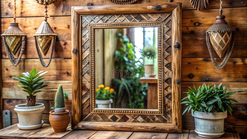 Boho Chic: Wooden Frame with a Rustic Mirror in a Stylish Setting ...