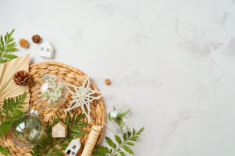 Boho Christmas Background with Decorations and Green Leaves. Top View ...