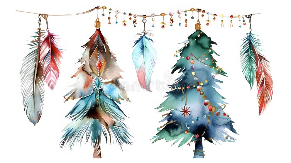 Boho Christmas Tree Clipart Hanging Feathers Stock Illustration ...