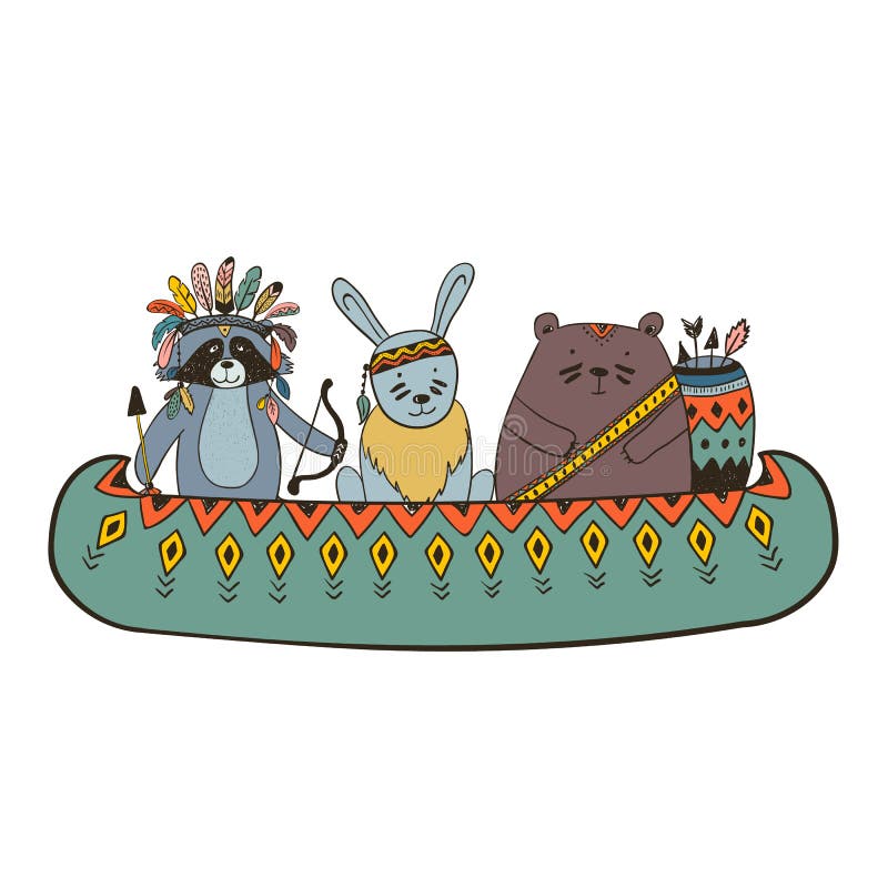 Boho Collection with Wild Animals in Cannoe Stock Vector - Illustration ...