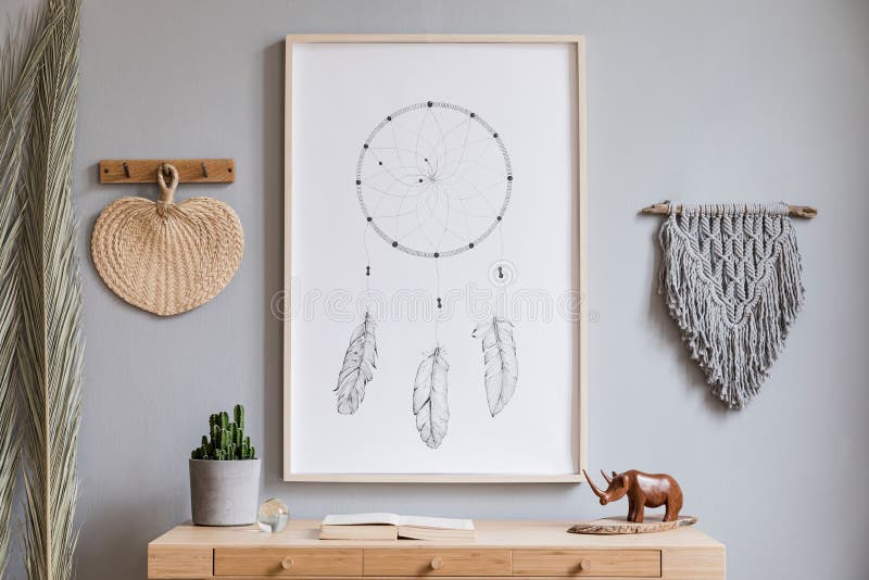 Boho Interior Design of Living Room with Large Poster. Stock Image ...