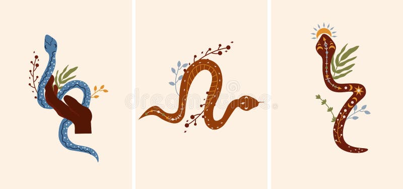 Boho Composition with a Mystical Snake Around the Hand, Leaves and ...