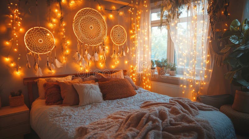 Boho Cottage Bedroom Adorned with Dreamcatchers and Fairy Lights ... Boho Cottage Bedroom Adorned with Dreamcatchers and Fairy Lights ...