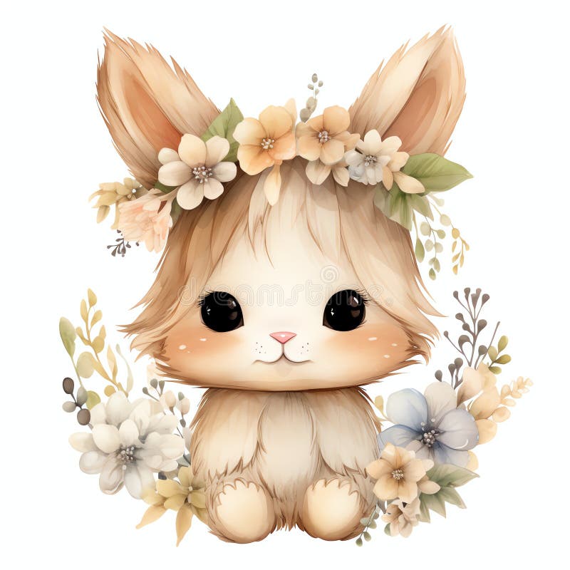 Boho Cute Bunny with Flower Crown Watercolor Illustration Stock ...