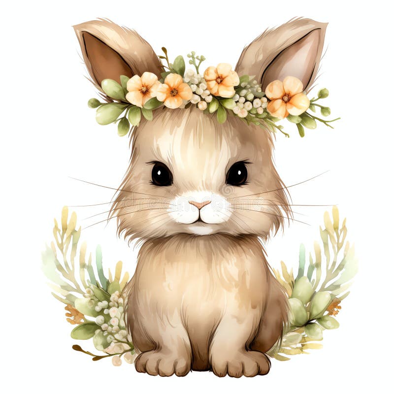 Boho Cute Bunny with Flower Crown Watercolor Illustration Stock ...