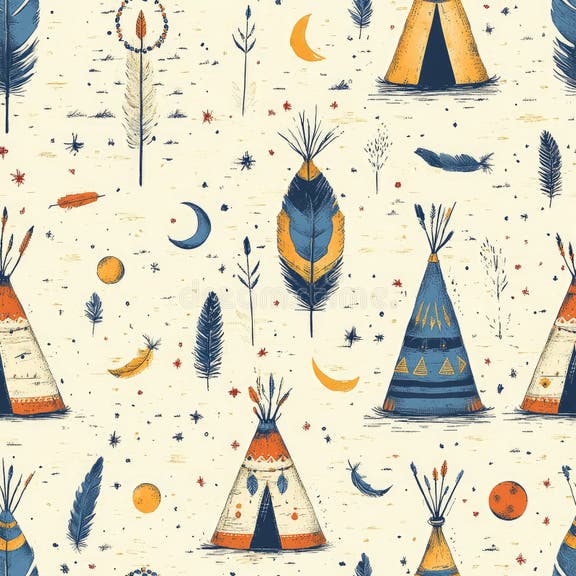 Boho Dreams: Seamless Feather & Teepee Pattern Stock Illustration - Illustration of feathers ...
