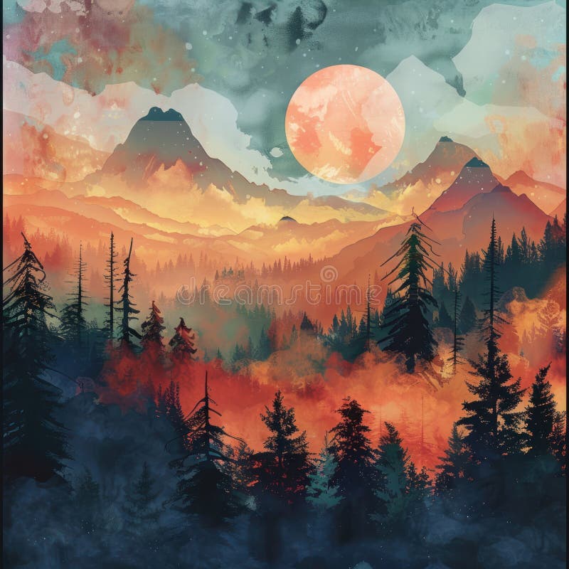 Boho Dreamy Landscapes Mountains, Forests Stock Photo - Image of ...