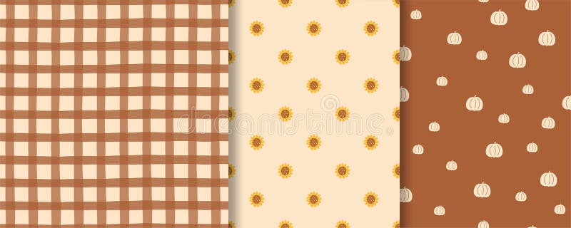 Boho Fall Patterns Set. Sunflowers Autumn Pattern, Checkered Print ...