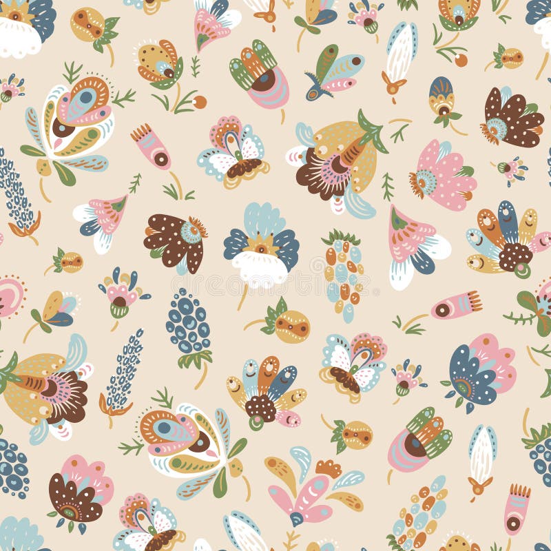 Boho Fantasy Flowers Seamless Pattern, Folk Floral Texture Stock ...