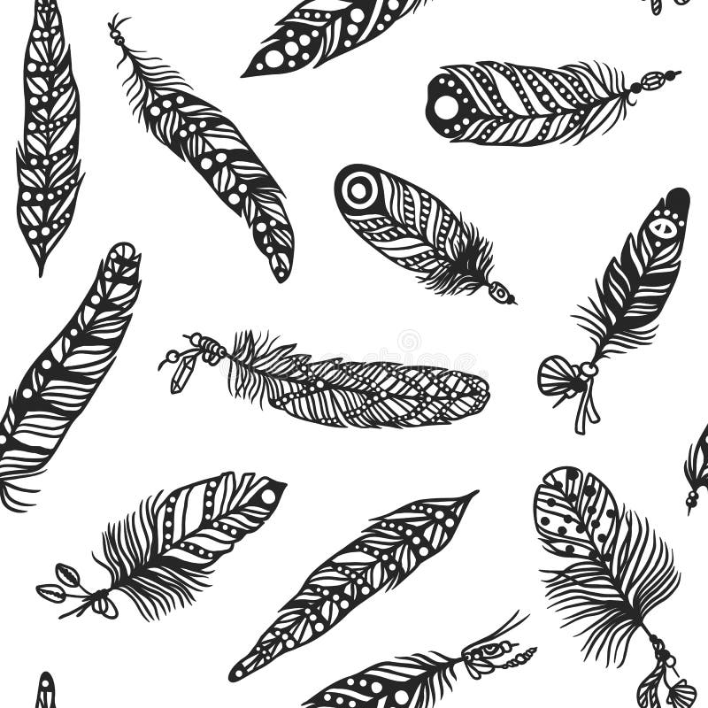 Boho Feather Hand Drawn Effect Vector Style Seamless Pattern ...