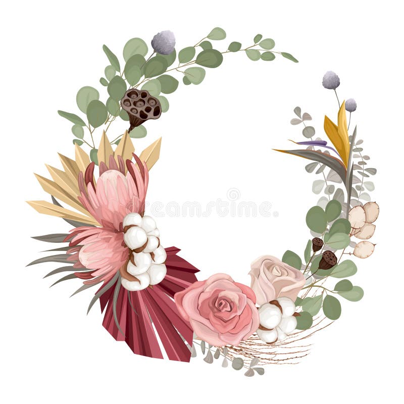 Boho Flowers Round Composition Stock Vector - Illustration of plant ...
