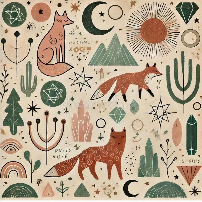 Boho Fox Illustration with Crystals and Celestial Nature Elements Stock ...