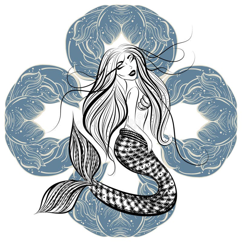 Boho Hand Drawn Illustration of Mermaid and Waves. Stock Vector ...