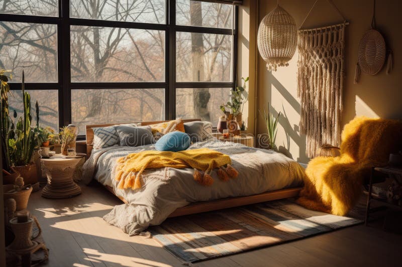Boho-inspired Bedroom Interior, Featuring Natural Elements, Macrame ...