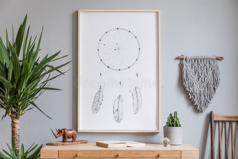 Boho Interior Design of Living Room with Poster and Macrame Stock Photo ...