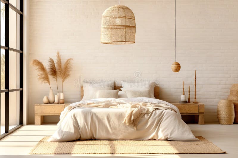 Boho Interior Design of Modern Bedroom with White Brick Wall. AI Stock ...