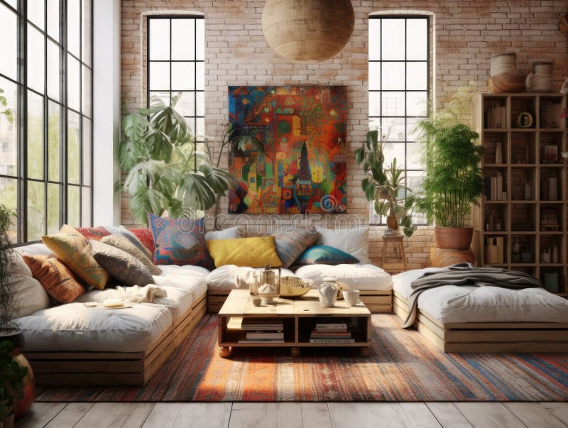 Boho Interior Design of Modern Living Room Stock Illustration ...