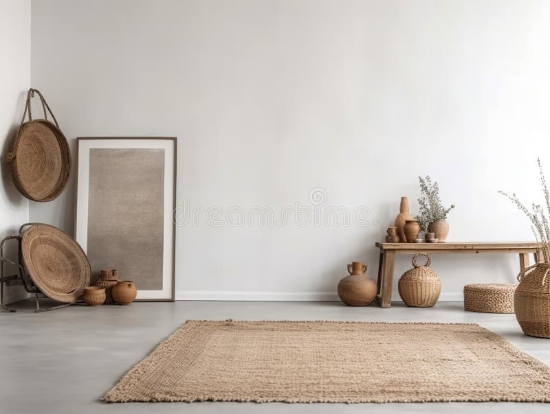 Boho Interior Design of Modern Living Room with Empty White Wall ...