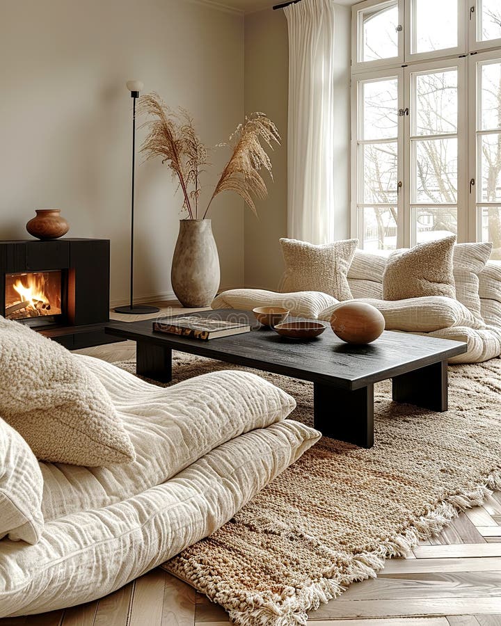 Boho Interior Design of Modern Living Room with Fireplace. AI Stock ...