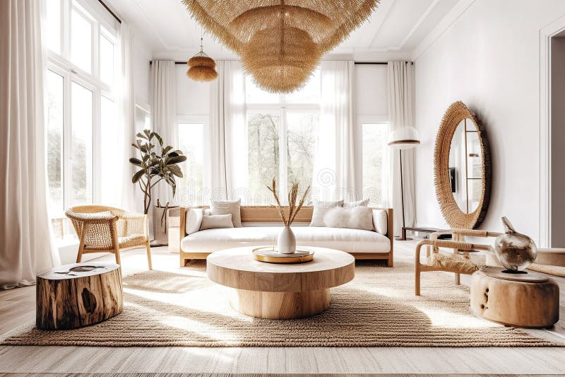 Boho Interior Design of Modern Living Room with Rustic Furniture ...