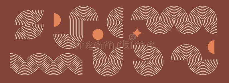 Boho Linear Element Collection. Brown Wave and Arc Forms Design. Mid ...