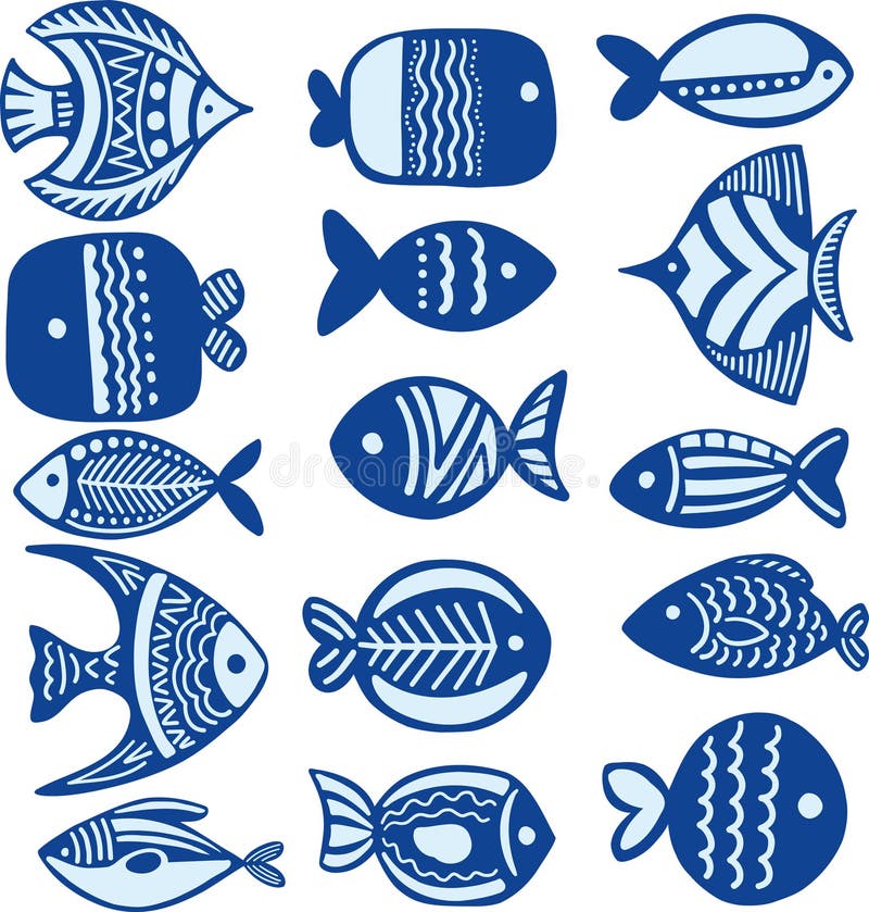 Boho Linocut Fish Collection Stock Illustration - Illustration of ...
