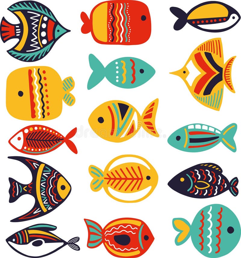 Boho Linocut Fish Collection Stock Illustration - Illustration of ...
