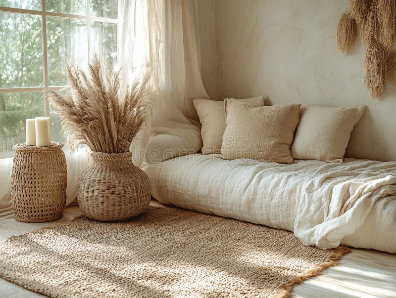 Boho Living Space Soft Natural Light and Warm Tones Create a Cozy ...