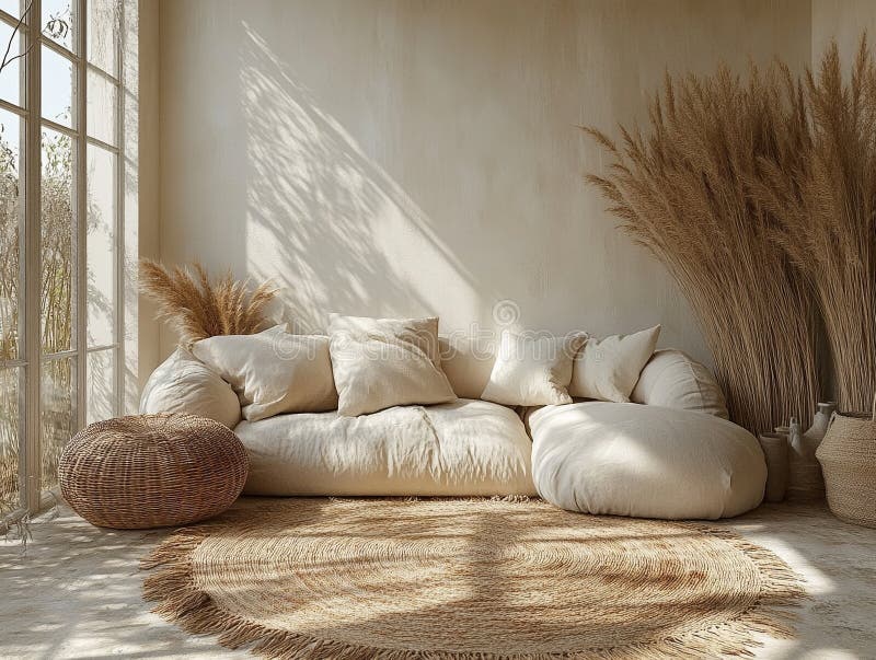 Boho Living Space Soft Natural Light and Warm Tones Create a Cozy ...