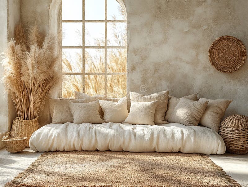 Boho Living Space Soft Natural Light and Warm Tones Create a Cozy ...