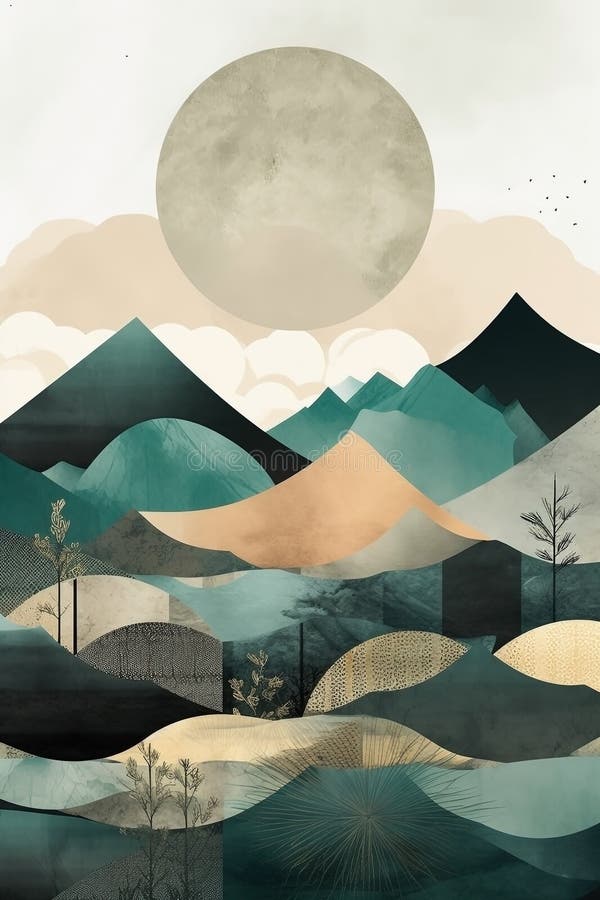 Boho Mountains, Moon Landscape Illustration. Stock Illustration ...
