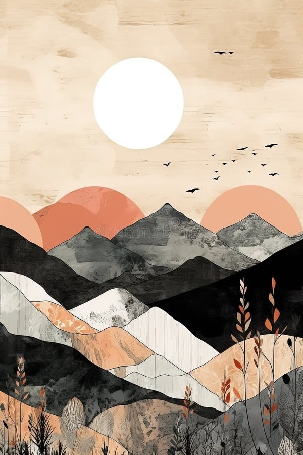 Boho Mountains and Sun Landscape Illustration. Stock Illustration ...