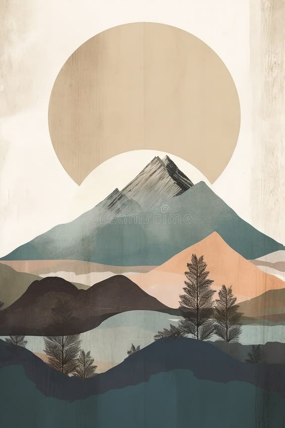 Boho Mountains and Sun Landscape Illustration. Stock Photo - Image of ...
