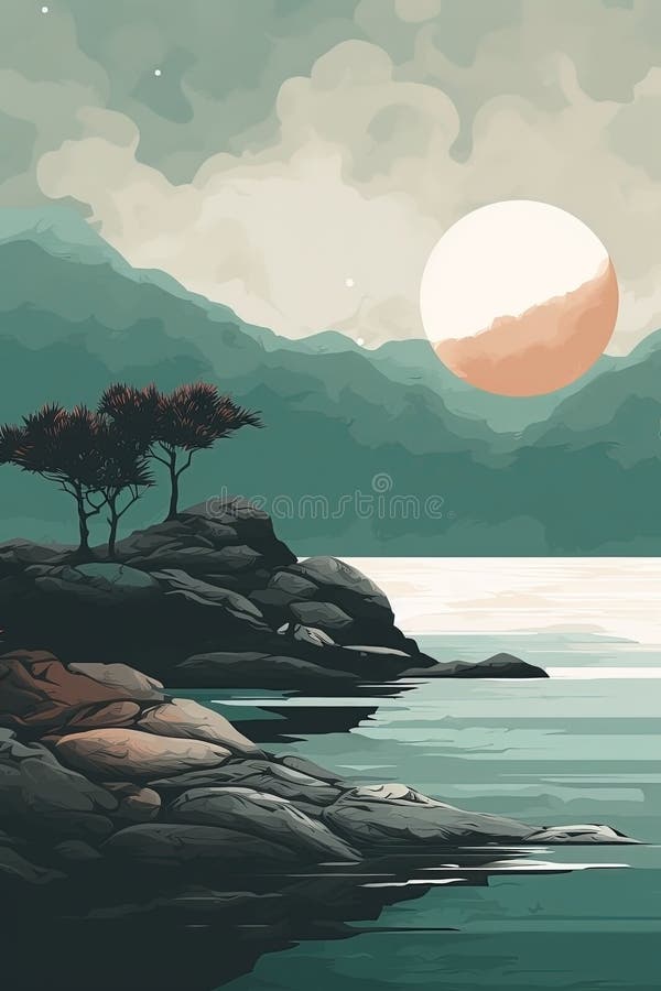 Boho Mountains, Water and Sun Landscape Illustration. Stock ...