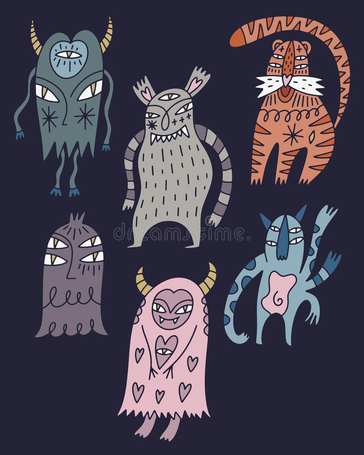 Boho Mystical Kind Friendly Monsters Characters Vector Flat Art Set ...