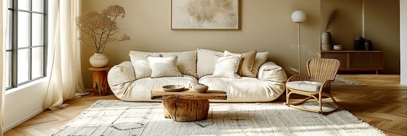 Boho Nomadic Interior Design of Modern Living Room. AI Stock ...