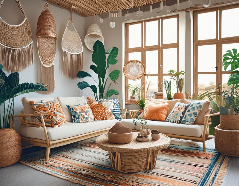 Boho Nomadic Interior Design of Modern Living Room, Home Stock ...